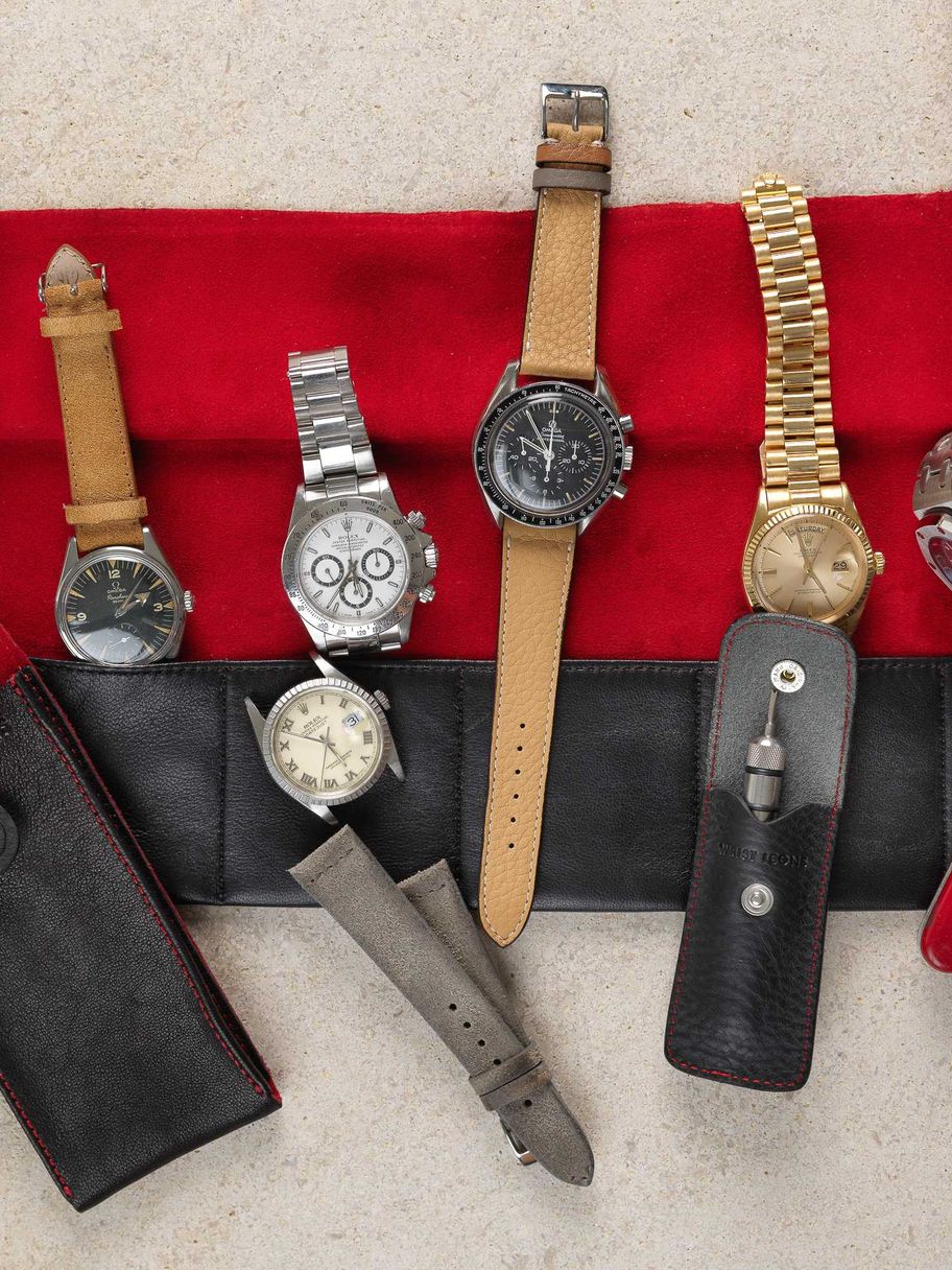Signature black and red leather watch roll - WRIST ICONS